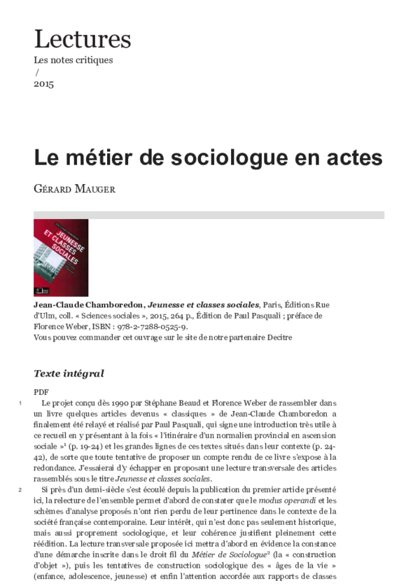 (PDF) Le métier de sociologue en actes