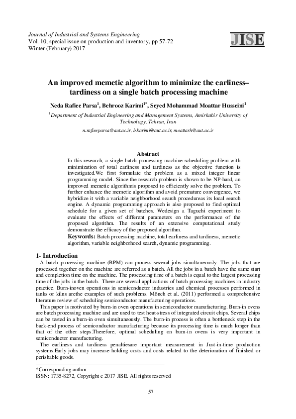 (PDF) An improved memetic algorithm to minimize earliness–tardiness on a single batch processing ...