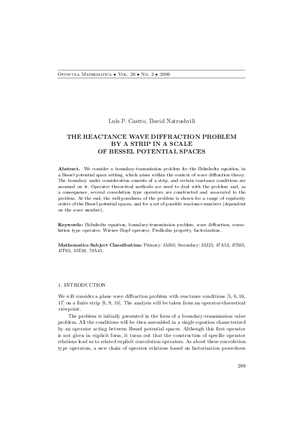 (PDF) The reactance wave diffraction problem by a strip in a scale of Bessel potential spaces