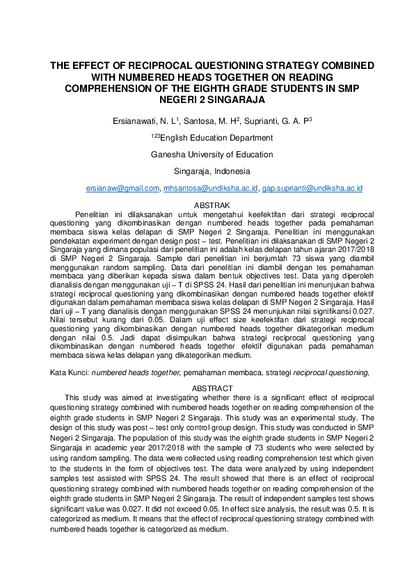(PDF) The Effect of Reciprocal Questioning Strategy Combined with ...