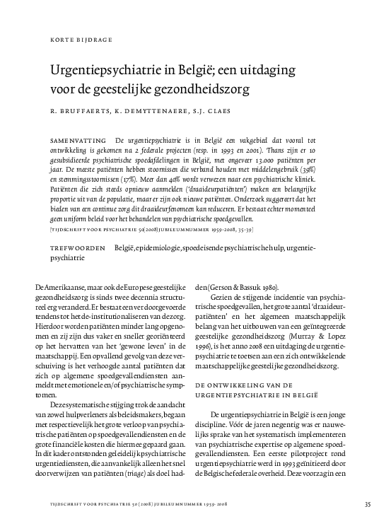 (PDF) Urgentiepsychiatrie in België. Een uitdaging voor de geestelijke ...