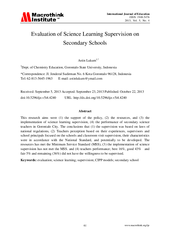 (PDF) Evaluation of Science Learning Supervision on Secondary Schools