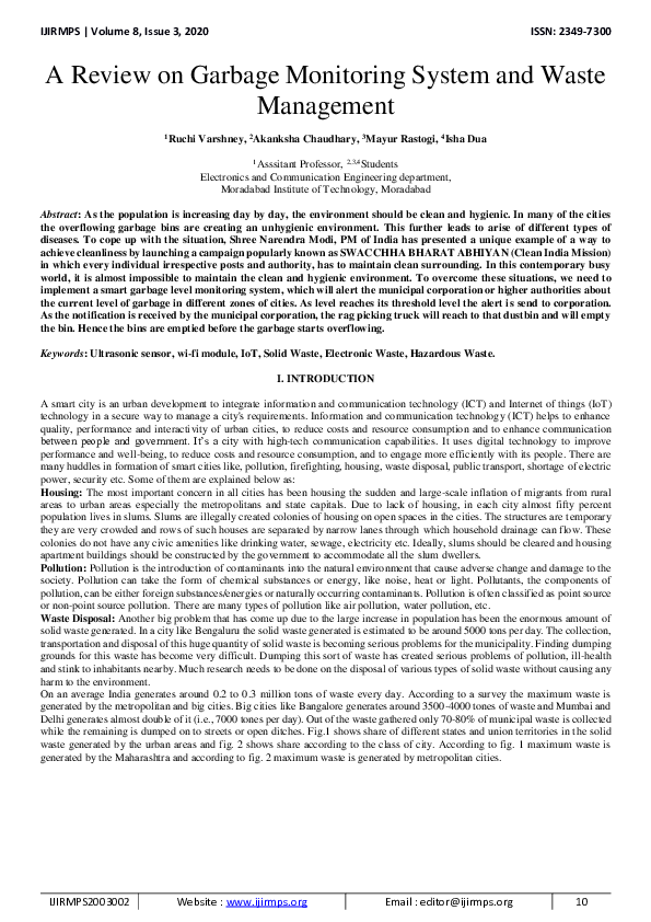 (PDF) A Review on Garbage Monitoring System and Waste Management ... (PDF) A Review on Garbage Monitoring System and Waste Management ...
