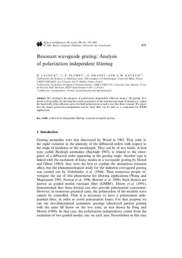 (PDF) Resonant waveguide grating: analysis of polarization independent ...