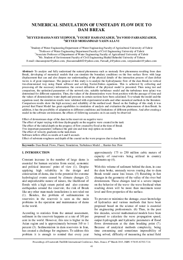 (PDF) Numerical Simulation of Unsteady Flow Due to Dam Break
