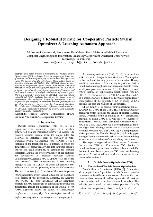 (PDF) Designing a Robust Heuristic for Cooperative Particle Swarm Optimizer: A Learning Automata ...