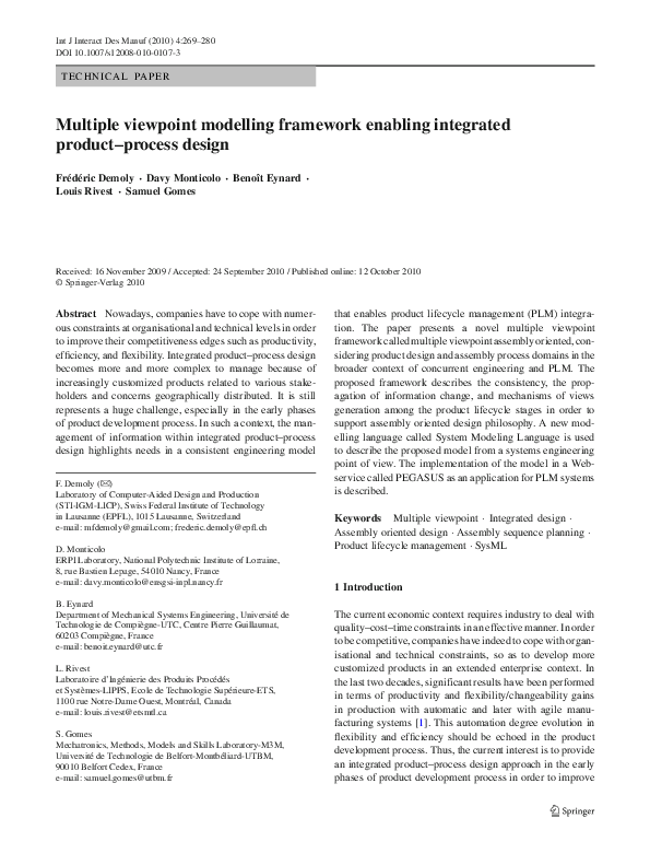 (PDF) Multiple viewpoint modelling framework enabling integrated product–process design