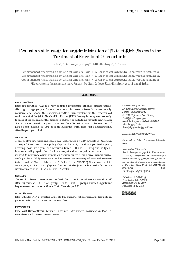 (PDF) A prospective study of intra-articular injections of platelet rich plasma in early ...