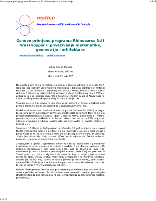 (PDF) Osnove primjene programa Rhinoceros 3d i Grasshopper u povezivanju matematike, geometrije ...