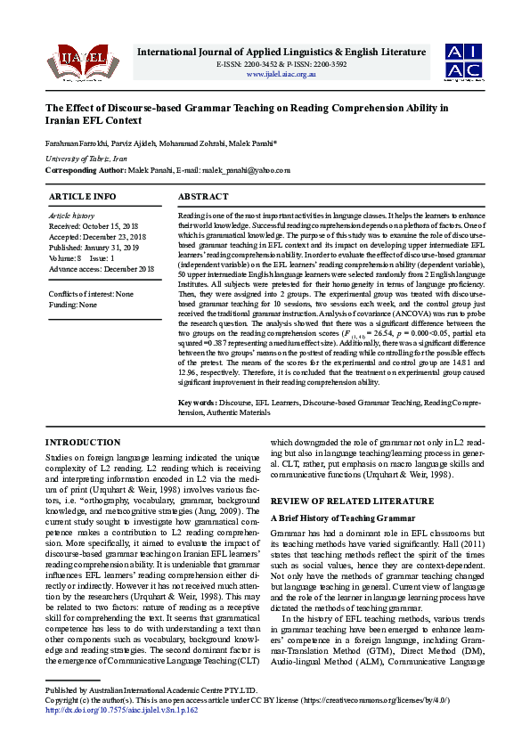 (PDF) The Effect of Discourse-based Grammar Teaching on Reading Comprehension Ability in Iranian ...