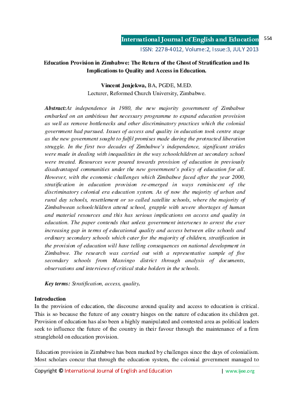 (PDF) Education Provision in Zimbabwe: The Return of the Ghost of ...