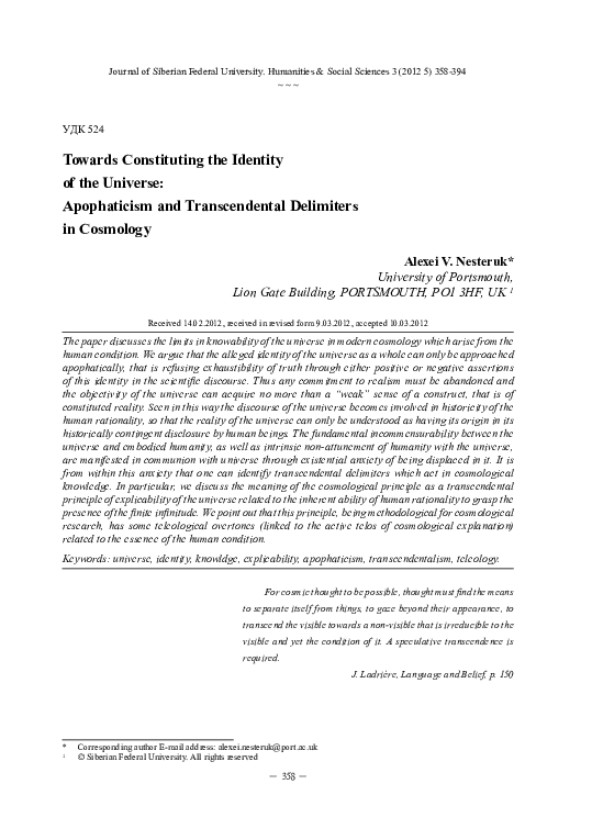 (PDF) Towards Constituting the Identity of the Universe: Apophaticism ...