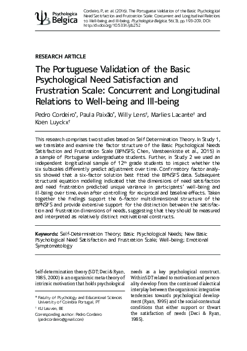Pdf The Portuguese Validation Of The Basic Psychological Need Satisfaction And Frustration