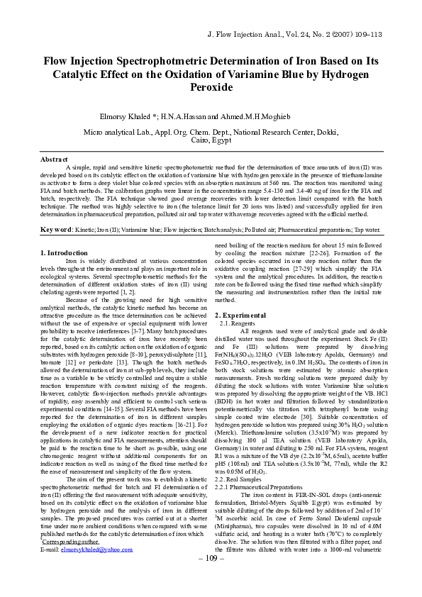 Pdf Flow Injection Spectrophotometric Determination Of Iron Based On Its Catalytic Effect On