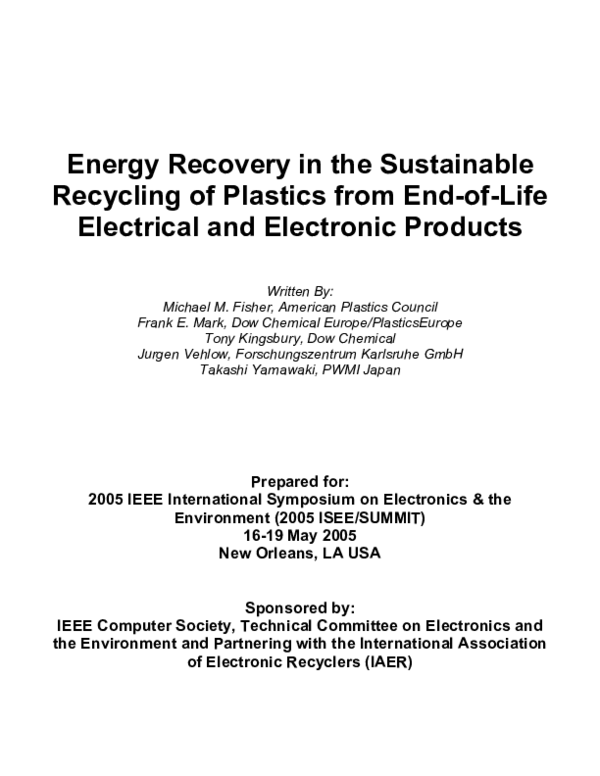 (PDF) Energy recovery in the sustainable recycling of plastics from end ...