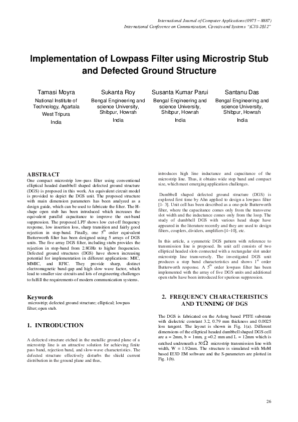 Pdf Implementation Of Lowpass Filter Using Microstrip Stub And Defected Ground Structure