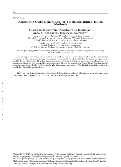 Pdf Automatic Code Generation For Stochastic Runge Kutta Methods