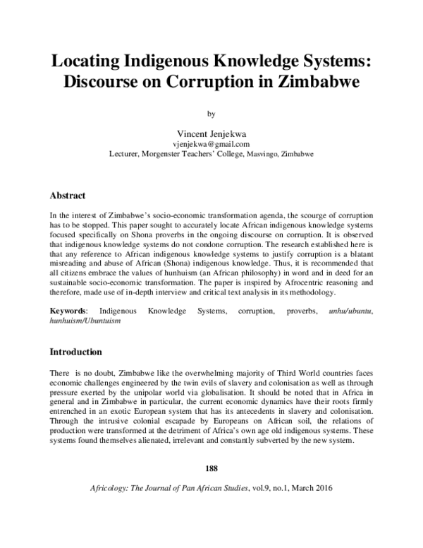 (PDF) Locating Indigenous Knowledge Systems: Discourse on Corruption in ...