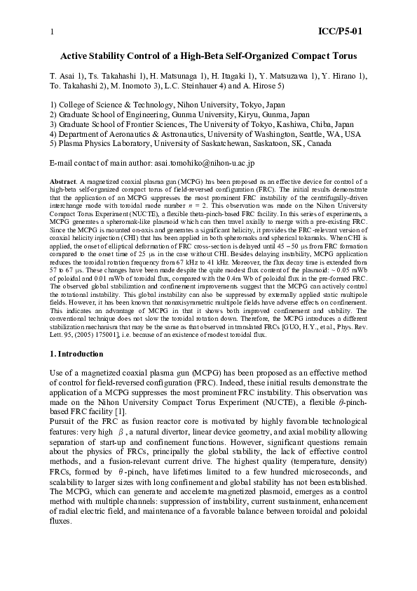 (PDF) 1 ICC / P 501 Active Stability Control of a High-Beta Self ...