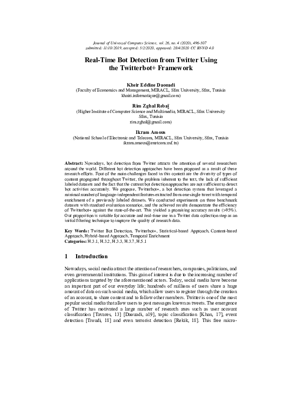 Pdf Real Time Bot Detection From Twitter Using The Twitterbot Framework