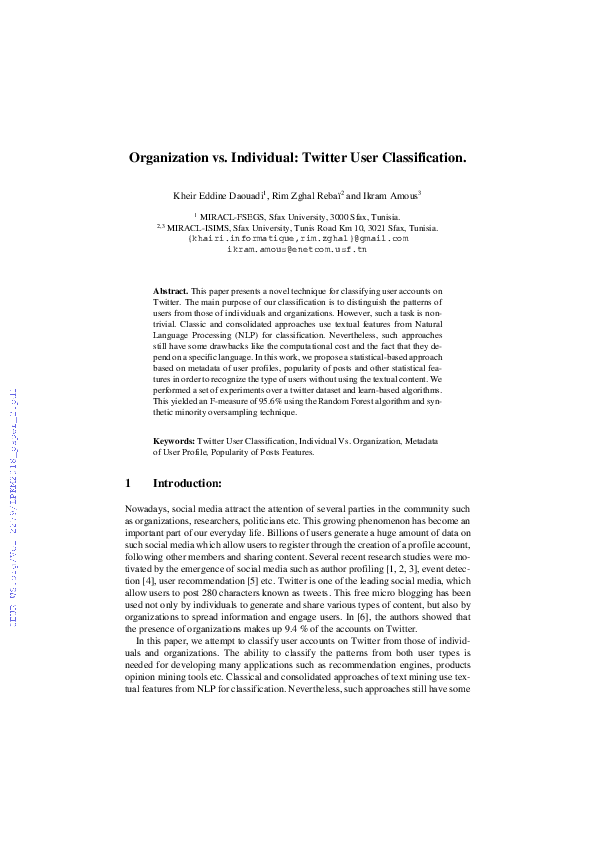 (PDF) Organization vs. Individual: Twitter User classification