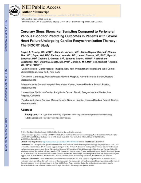 (PDF) Coronary sinus biomarker sampling compared to peripheral venous blood for predicting ...