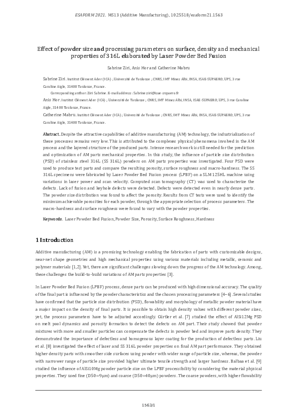 (PDF) Effect of powder size and processing parameters on surface ...