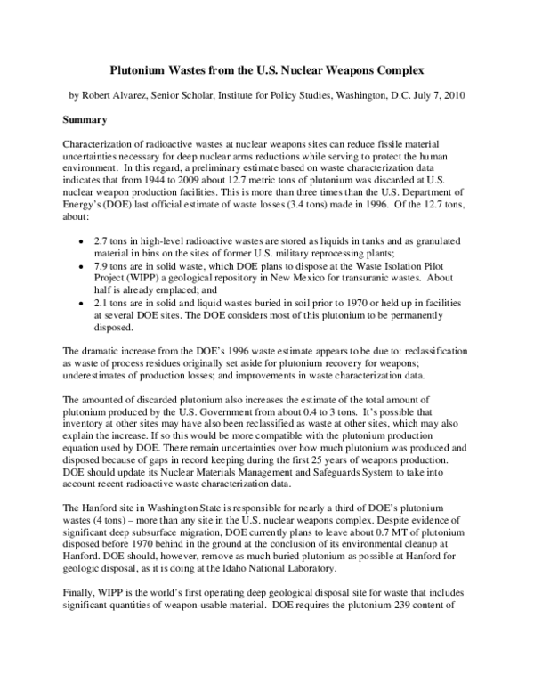 (PDF) Plutonium Wastes from the U.S. Nuclear Weapons Complex