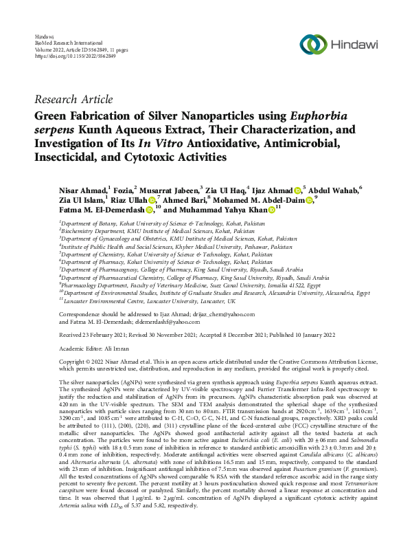 (PDF) Green Fabrication of Silver Nanoparticles using Euphorbia serpens Kunth Aqueous Extract ...