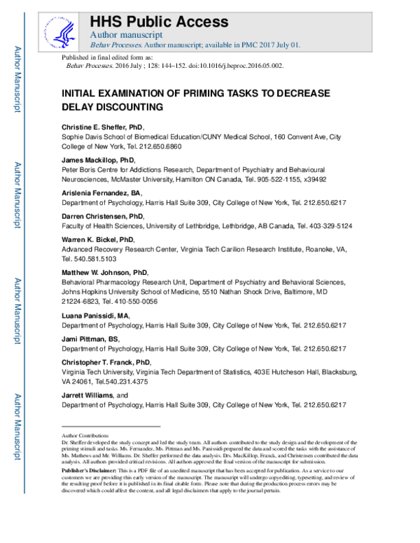 (PDF) Initial examination of priming tasks to decrease delay discounting