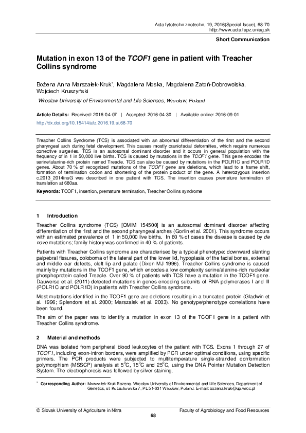 (PDF) Mutation in exon 13 of the TCOF1 gene in patient with Treacher ...