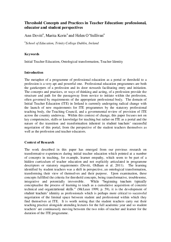 (PDF) Threshold Concepts and Practices in Teacher Education ...