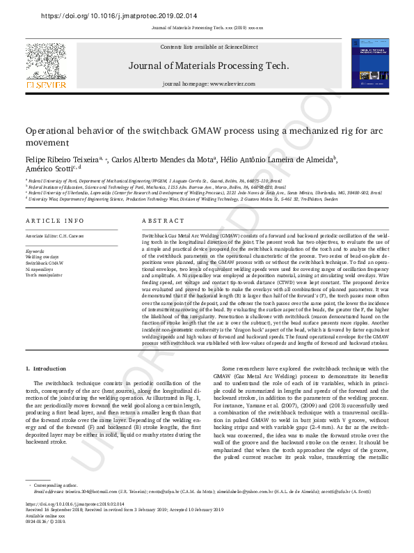 (PDF) Operational behavior of the switchback GMAW process using a mechanized rig for arc movement