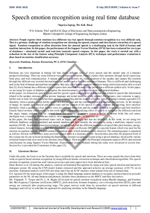 (PDF) Speech emotion recognition using real time database