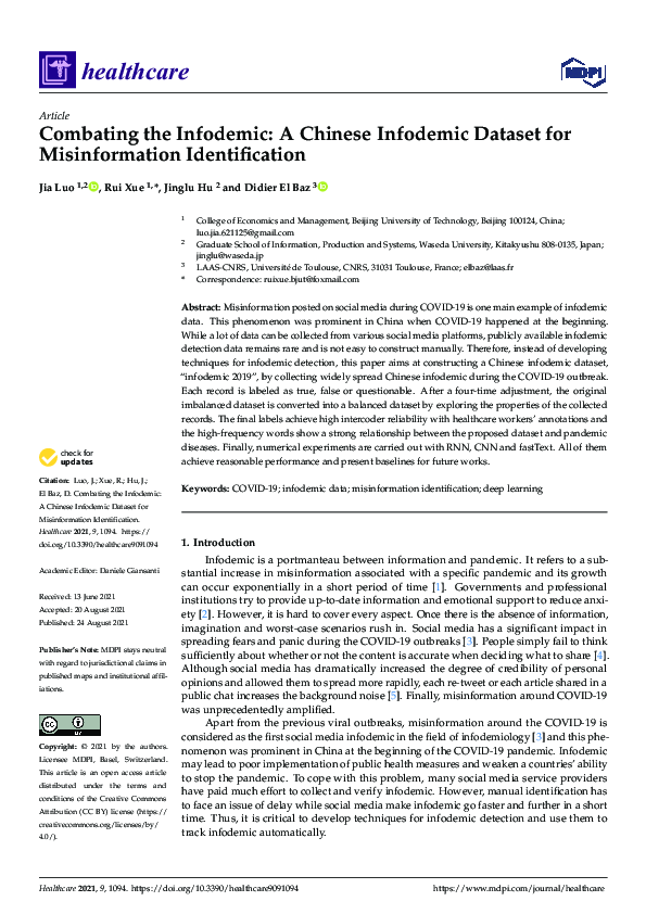 Pdf Combating The Infodemic A Chinese Infodemic Dataset For Misinformation Identification