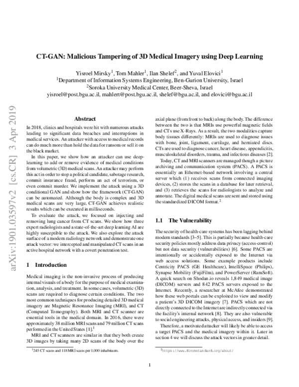 (PDF) CT-GAN: Malicious Tampering of 3D Medical Imagery using Deep Learning