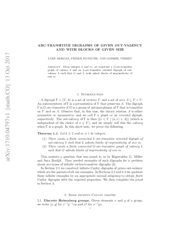 (PDF) Arc-transitive digraphs of given out-valency and with blocks of given size