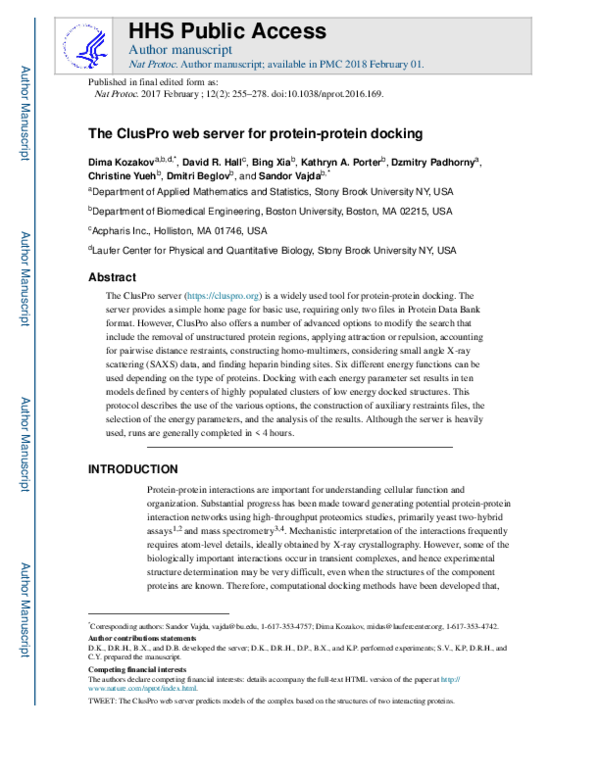 (PDF) The ClusPro web server for protein–protein docking