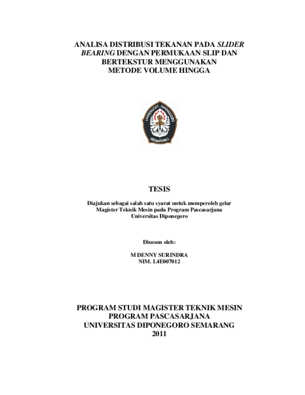 (PDF) Analisa Distribusi Tekanan Pada Slider Bearing Dengan Permukaan ...
