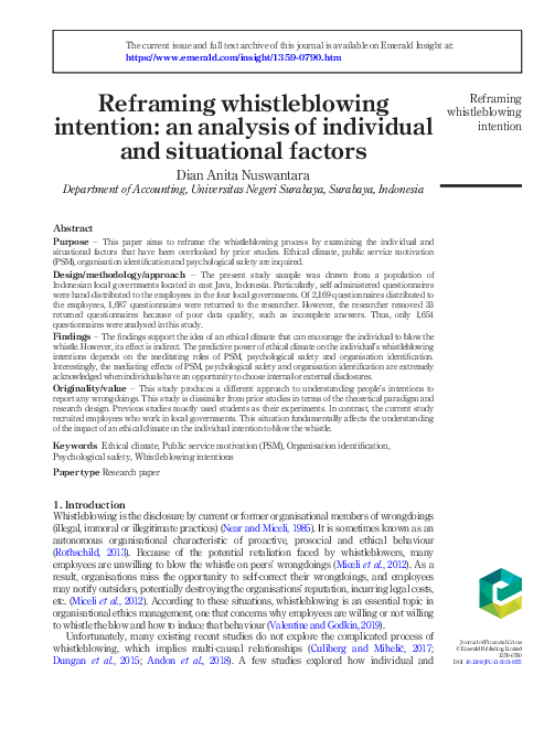 (PDF) Reframing whistleblowing intention: an analysis of individual and situational factors