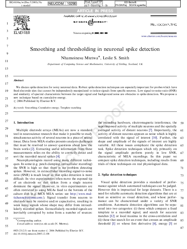 (PDF) Smoothing and thresholding in neuronal spike detection