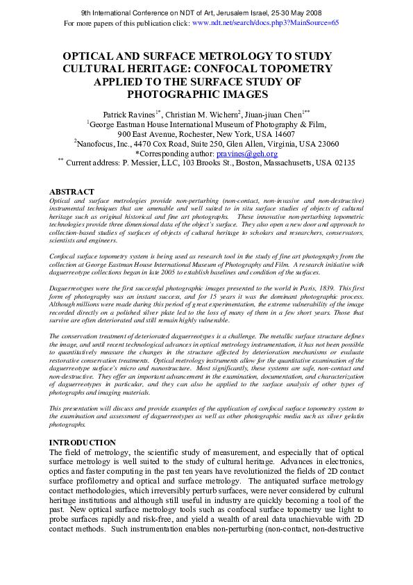 (PDF) Optical and Surface Metrology to Study Cultural Heritage ...