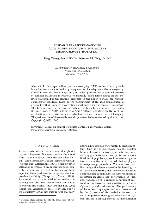 Pdf Linear Parameter Varying Anti Windup Control For Active Microgravity Isolation