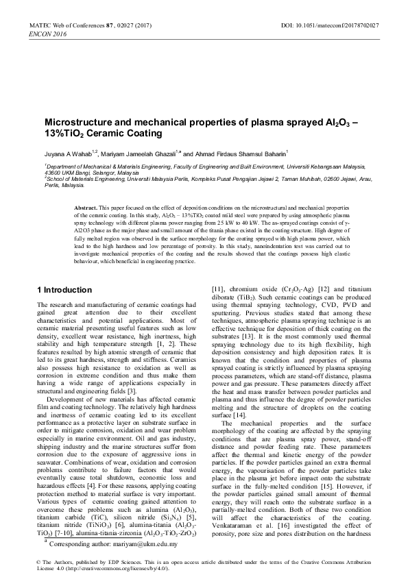 (PDF) Microstructure and mechanical properties of plasma sprayed Al2O3 - 13%TiO2 Ceramic Coating