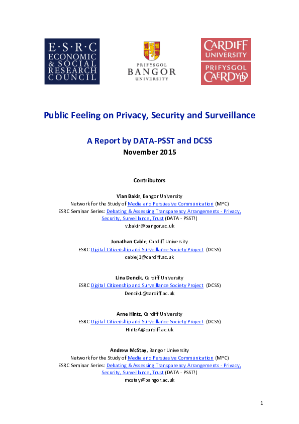 (PDF) Public feeling on privacy, security and surveillance: a report by ...