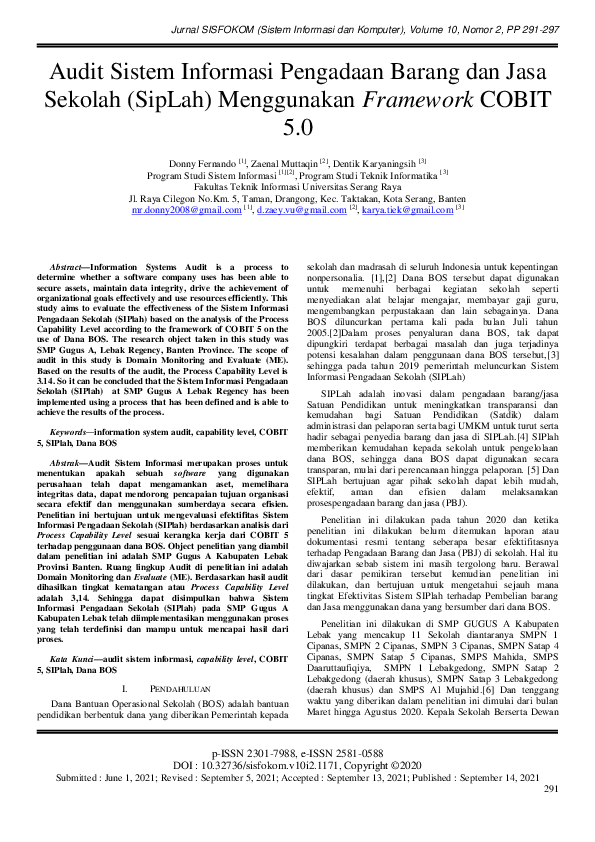 (PDF) Audit Sistem Informasi Pengadaan Sekolah (SipLah) Menggunakan Framework COBIT 5.0