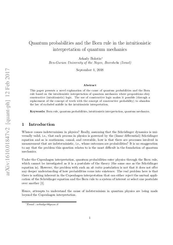 (PDF) Quantum Probabilities and the Born Rule in the Intuitionistic ...