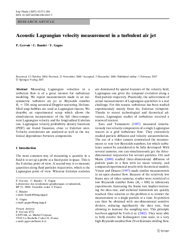 (PDF) Acoustic Lagrangian velocity measurement in a turbulent air jet