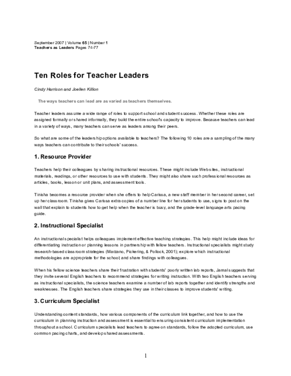 (PDF) Ten Roles for Teacher Leaders