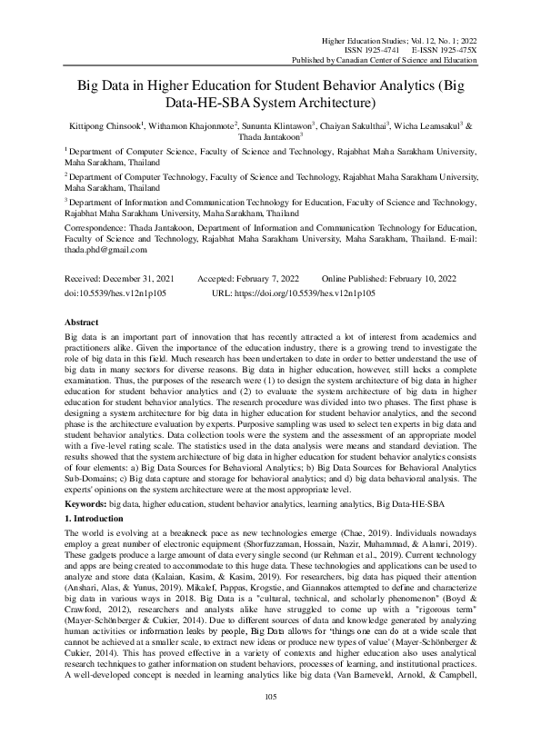 (PDF) Big Data in Higher Education for Student Behavior Analytics (Big Data-HE-SBA System ...